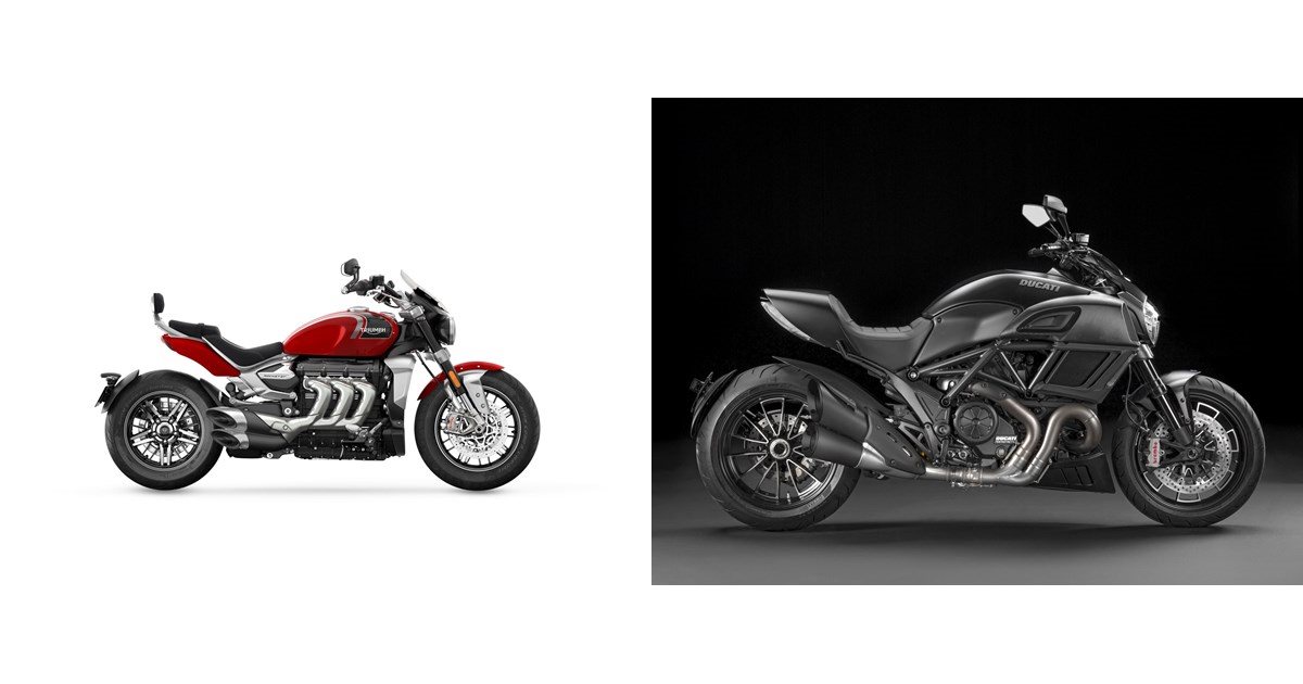 Comparaison des motos Triumph Rocket 3 GT 2023 VS. Ducati Diavel 1200 2018