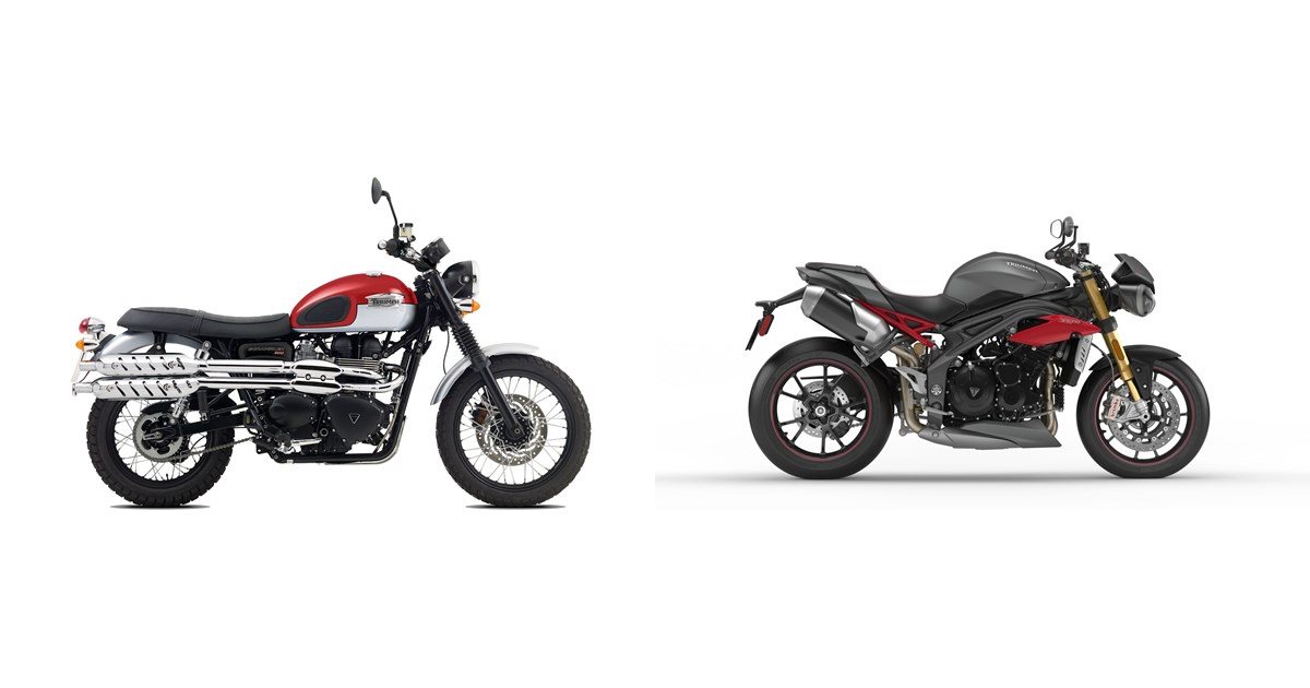 Motorrad Vergleich Triumph Scrambler 2015 vs. Triumph Speed Triple R 2017
