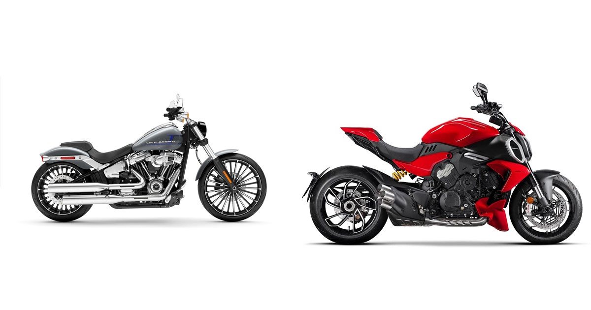 Motorrad Vergleich Harley-Davidson Softail Breakout 117 2023 vs. Ducati Diavel V4 2023