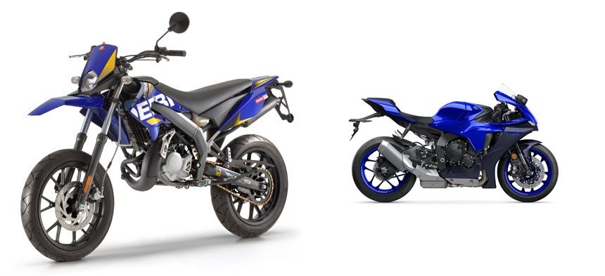Motorrad Vergleich Derbi Senda DRD X-Treme 50 SM 2012 vs. Yamaha R1 2023