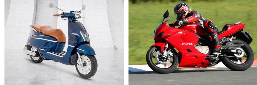 Motorrad Vergleich Peugeot Django 125 ABS 2022 vs. Hyosung GT 125 R 2009