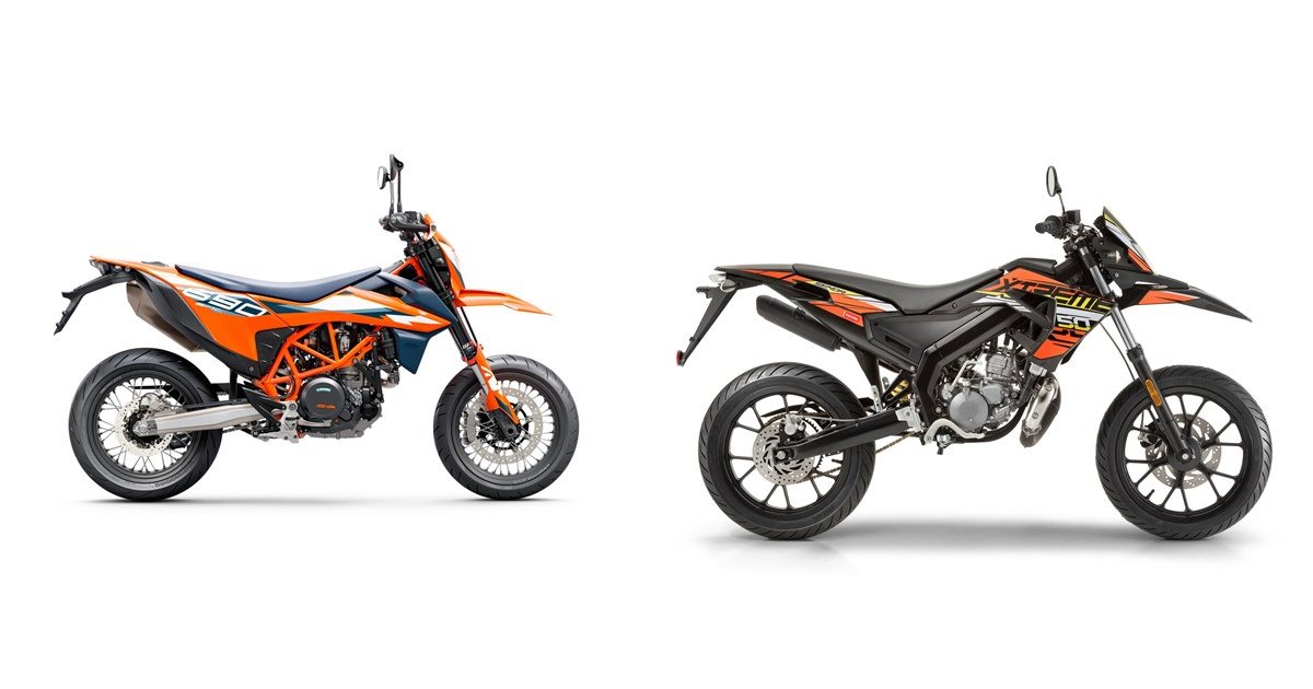 Motorrad Vergleich KTM 690 SMC R 2023 vs. Derbi Senda DRD X-Treme 50 SM 2018