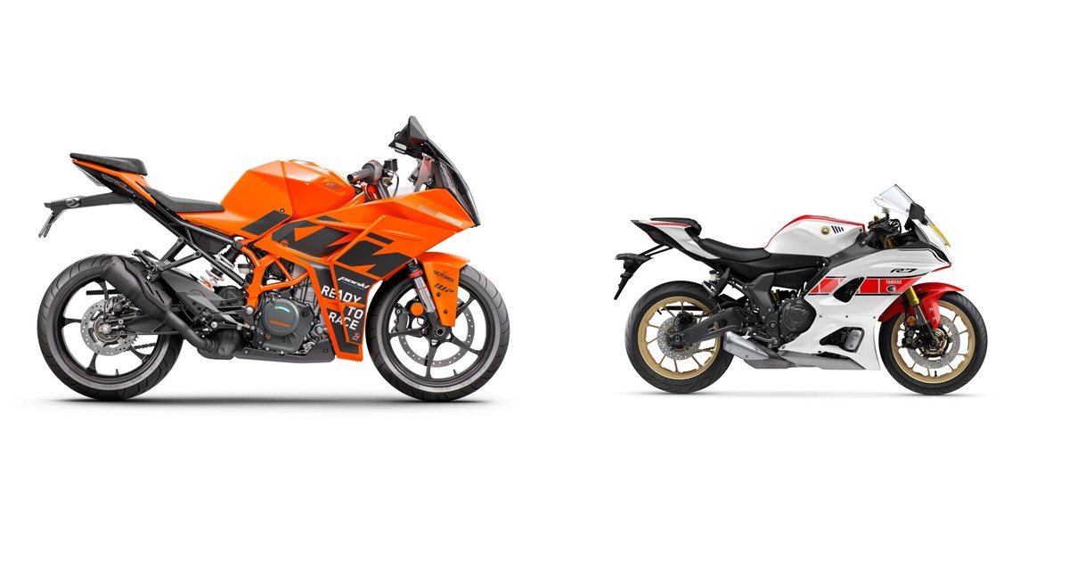 Motorrad Vergleich KTM RC 390 2023 vs. Yamaha R7 World GP 60th ...
