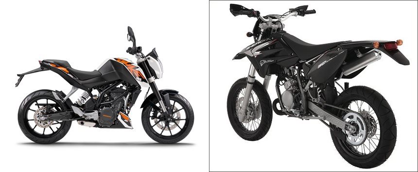 Motorrad Vergleich KTM 125 Duke 2014 vs. Sherco SM 50cc Black Panther 2009