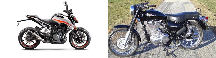 Motorrad Vergleich KTM 390 Duke 2022 vs. Royal Enfield Superbullet 500 ...