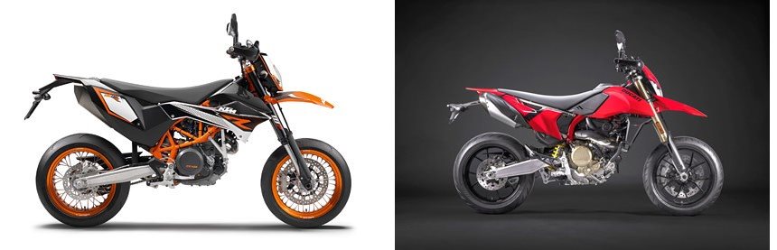 Motorrad Vergleich KTM 690 SMC R 2012 vs. Ducati Hypermotard 698 Mono 2024