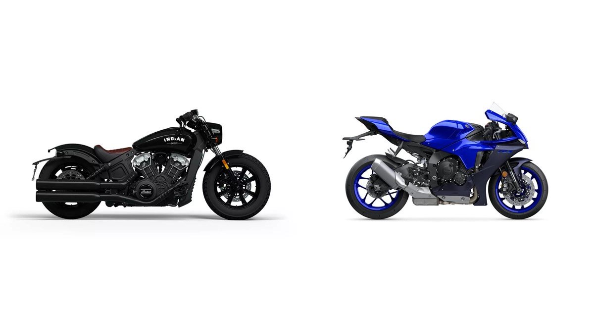 Motorrad Vergleich Indian Scout Bobber 1131 2024 vs. Yamaha R1 2022