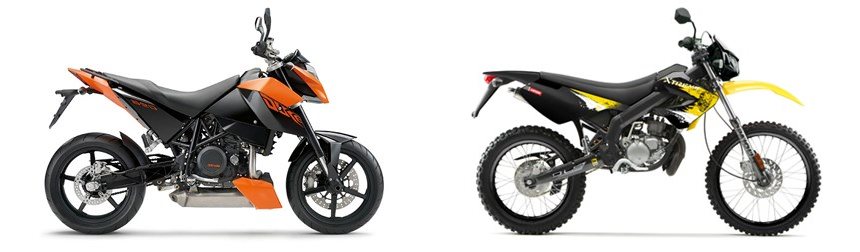 Motorrad Vergleich KTM 690 Duke 2009 vs. Derbi Senda DRD X-Treme 50 R 2011