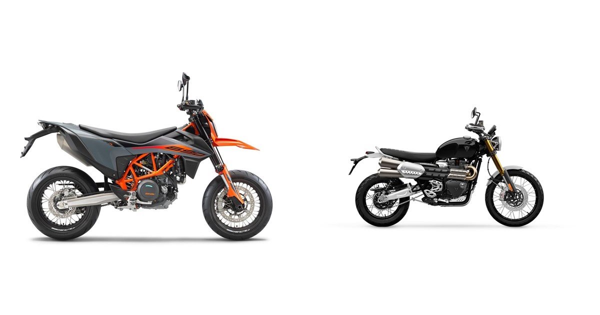 Motorrad Vergleich KTM 690 SMC R 2022 vs. Triumph Scrambler 1200 XE 2024