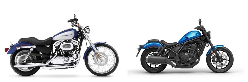 Motorrad Vergleich Harley-Davidson Sportster XL 1200C Custom 2005 vs. Honda CMX1100 Rebel 2024