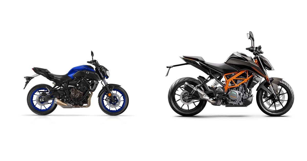 Motorrad Vergleich Yamaha MT-07 2018 vs. KTM 390 Duke 2023