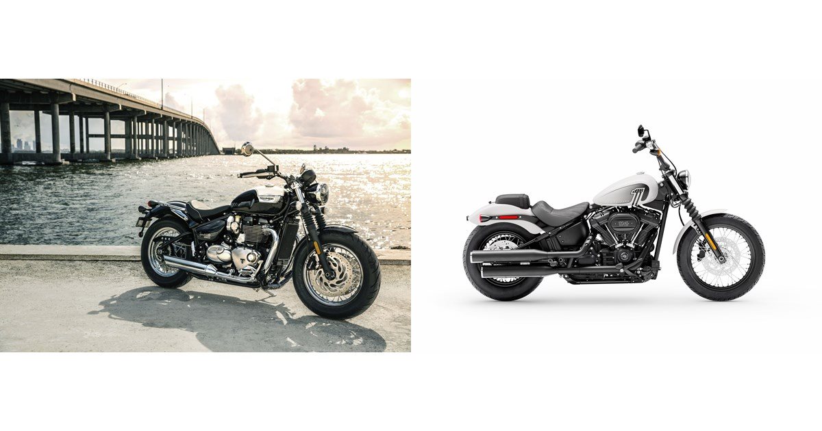 Comparaison des motos Triumph Bonneville Speedmaster 2018 VS. Harley-Davidson Softail Street Bob ...