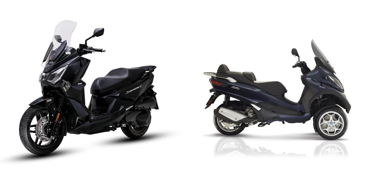 Motorrad Vergleich Sym Joyride 300 2023 vs. Piaggio MP3 300 ie Sport 2018