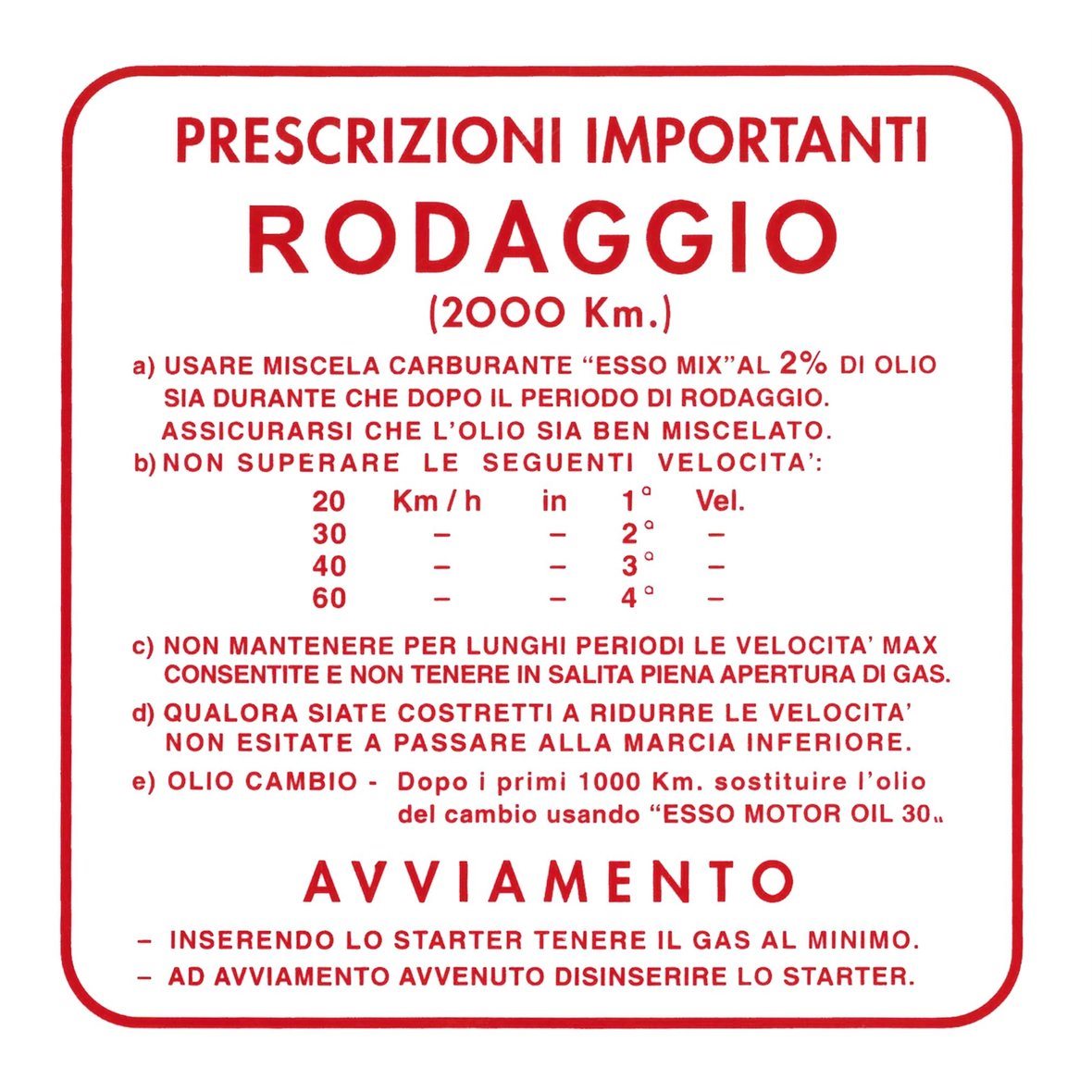 Aufkleber Einfahrvorschrift, RODAGGIO für Vespa 125 VNB/GT/150 VBB/GL um 7,90 EUR - 1000PS Shop ...