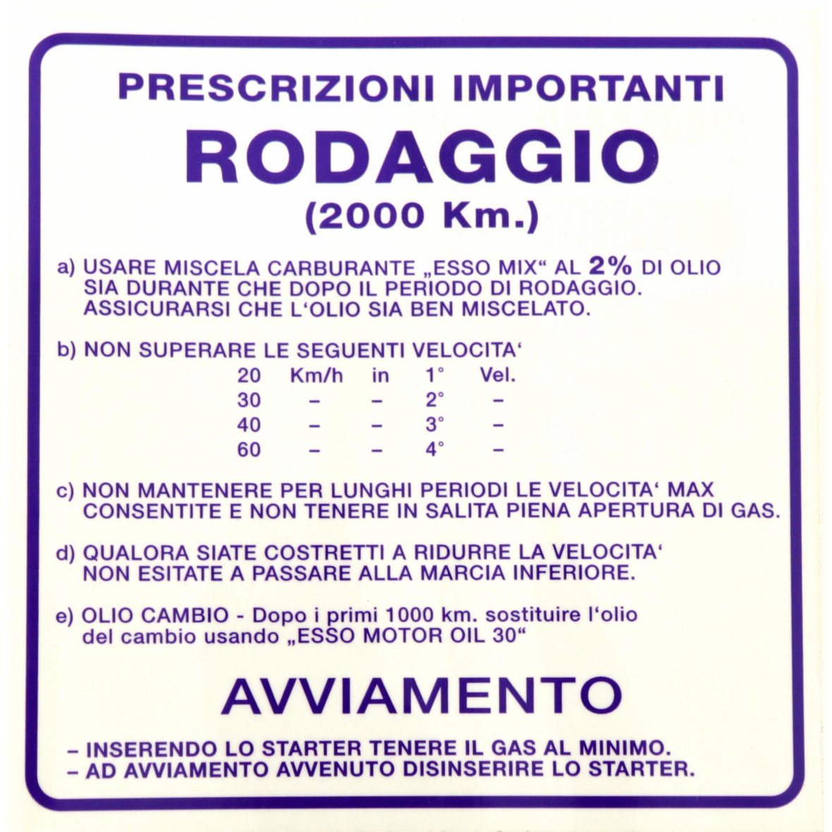 Aufkleber Einfahrvorschrift, RODAGGIO für Vespa 125 VNB/GT/150 VBB/GL um 15,70 EUR - 1000PS Shop ...
